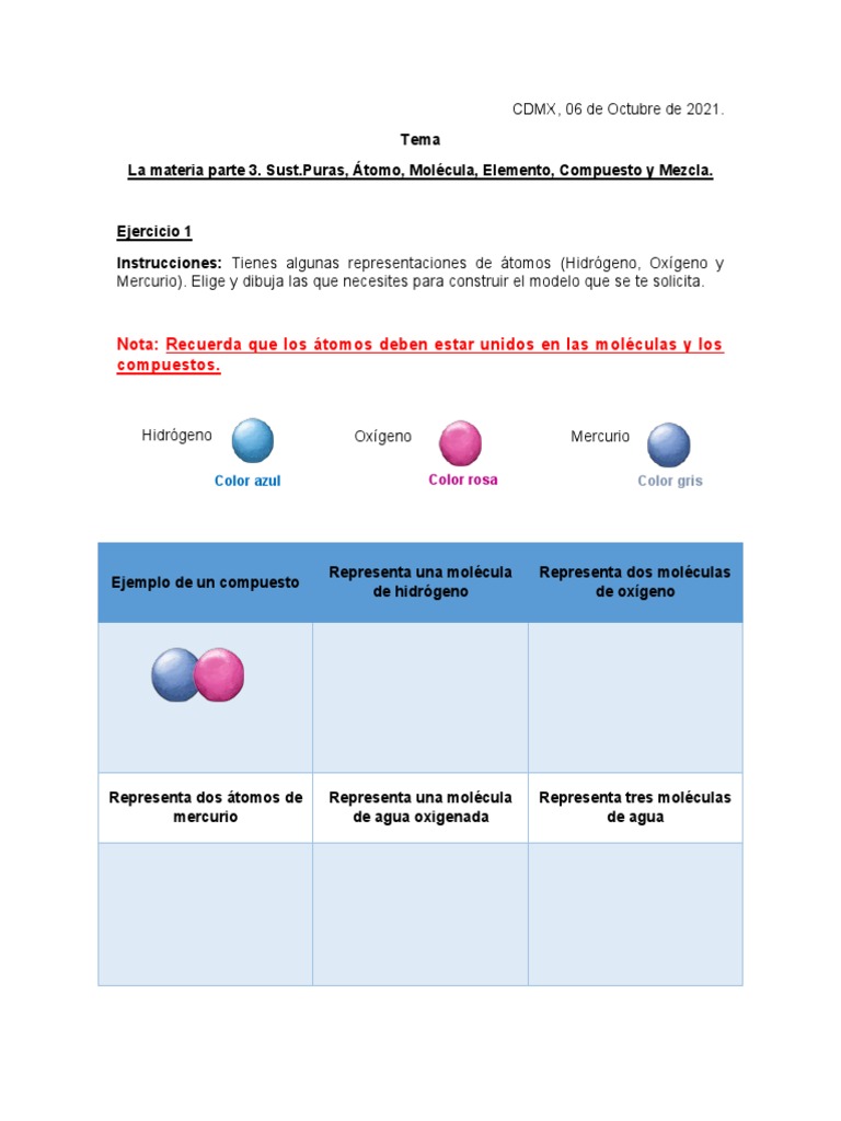 Ejercicio 1 Sustancias Puras Atomo Molecula Elemento Compuesto y Mezcla ...