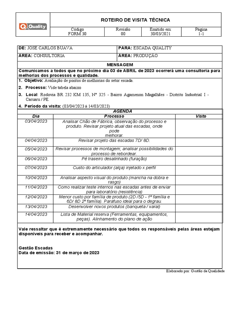 FORM.30 - Roteiro de Visita Técnica - Rev00 | PDF | Arte