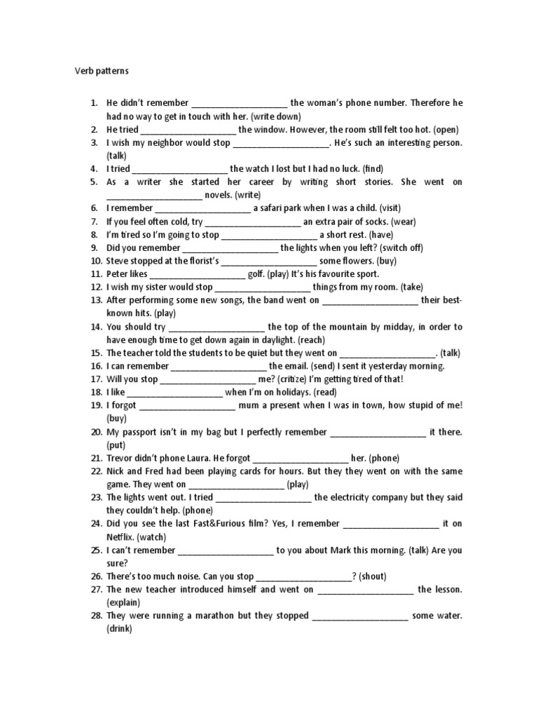 Verb Patterns Go On, Try, Forget, Remember, Stop, Like | PDF
