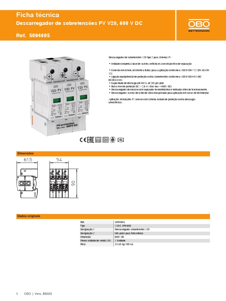 Ficha Técnica: Descarregador de Sobretensões FV V20, 600 V DC Ref. 5094605 | PDF | Energia ...