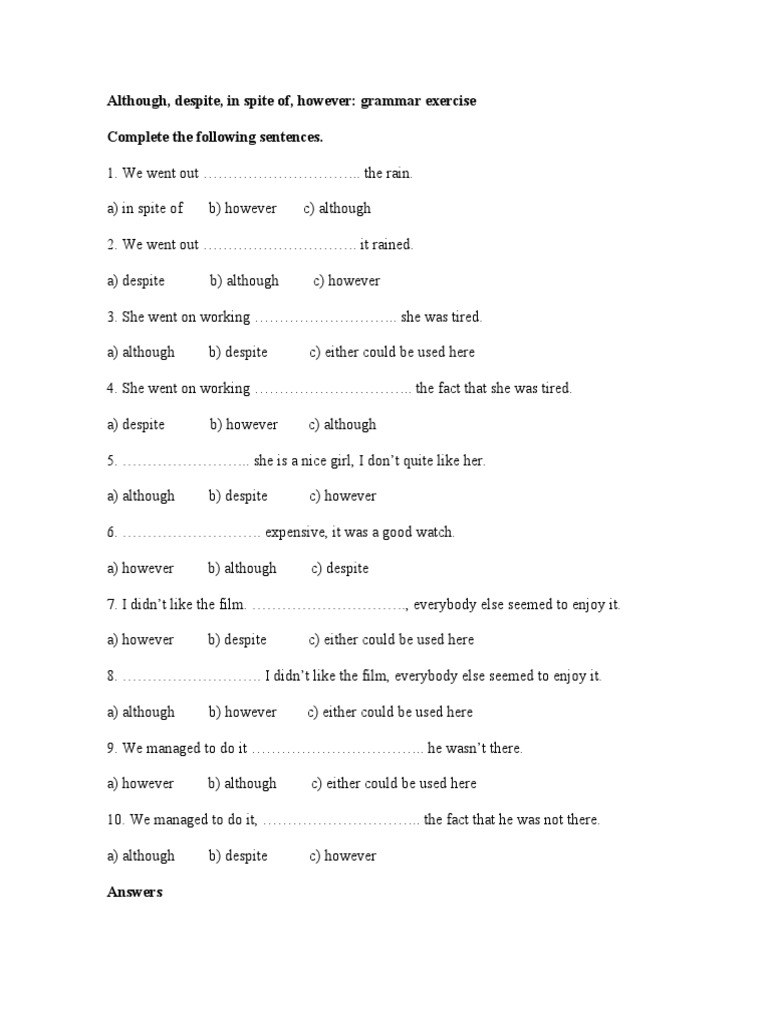 Grammar Exercises: Despite & Although | PDF
