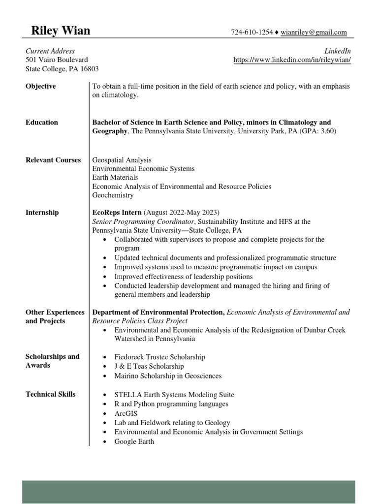 Riley Wian Resume | PDF | Earth Sciences | Natural Environment