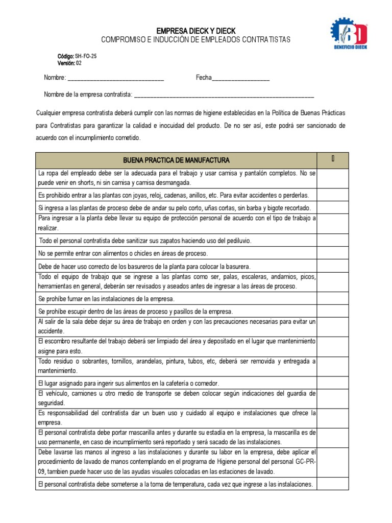 Empresa Dieck Y Dieck Compromiso E Inducción de Empleados Contratistas ...