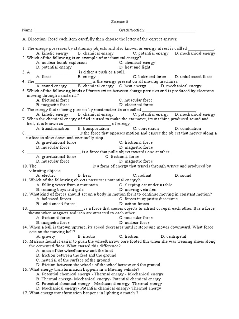 3rd PT Science 6 k-12 | PDF | Force | Potential Energy