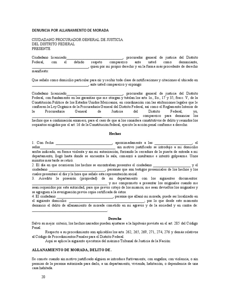 Denuncia Por El Delito de Allanamiento de Morada | PDF | Justicia ...