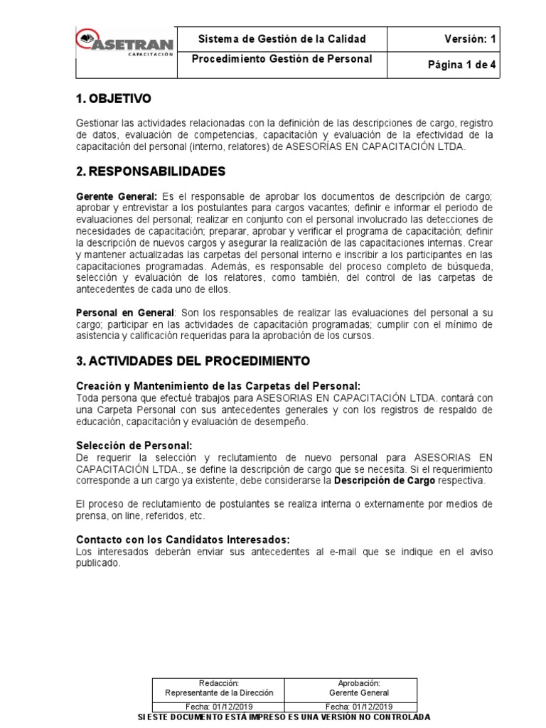 06.procedimiento Gestión de Personal | PDF | Reclutamiento | Sistema de manejo de calidad