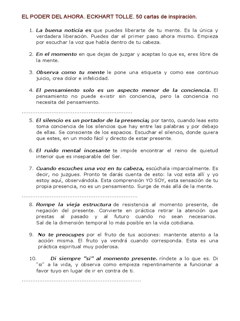 El Poder Del Ahora. Eckhart Tolle. 50 Cartas de Inspiración | PDF ...