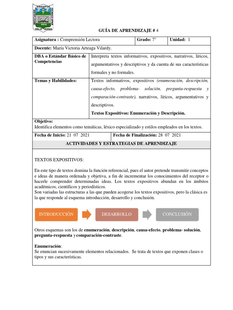 Guía 4 C. Lectora. Textos Expositivos - Enumeración y Descripción. | PDF | León | Aprendizaje