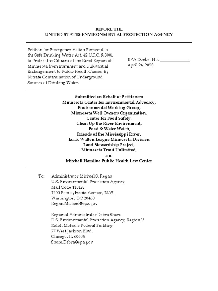 Emergency SDWA Petition To EPA With Exhibits | PDF | Groundwater ...