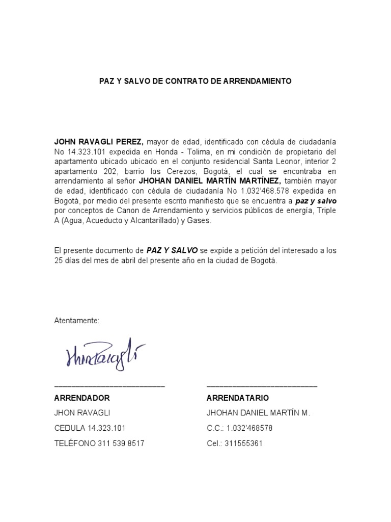 Paz y Salvo de Contrato de Arrendamiento | PDF