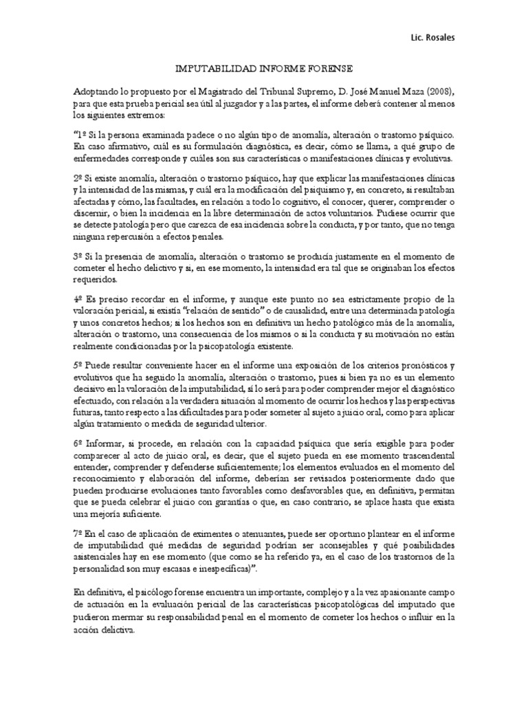 Imputabilidad Informe Forense | PDF | Conceptos psicologicos | Sicología