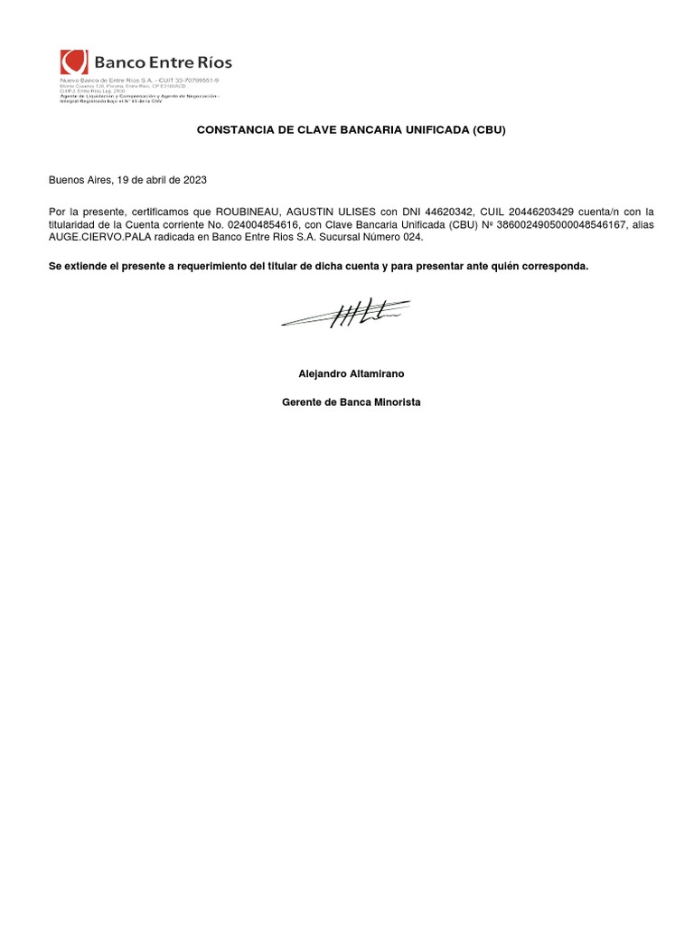 Constancia de Clave Bancaria Unificada (Cbu) | PDF