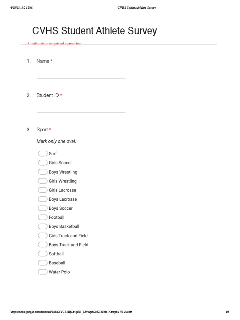 CVHS Athlete Support Survey | PDF | Sports