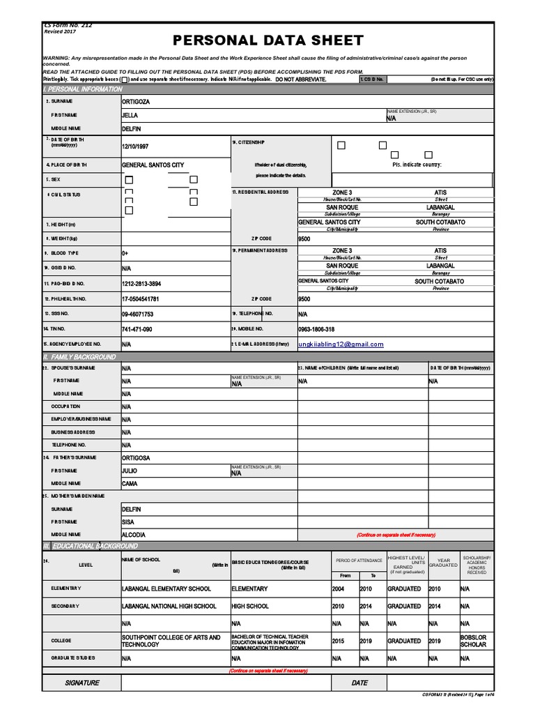 CS Form No. 212 Personal Data Sheet Revised JELLA D. | PDF | Government ...