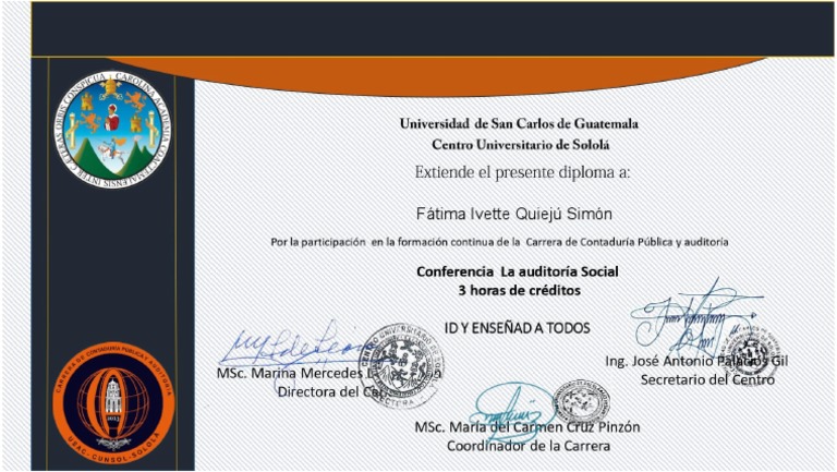 Certificate For Fátima Ivette Quiejú Simón For - La Auditoría Social. | PDF