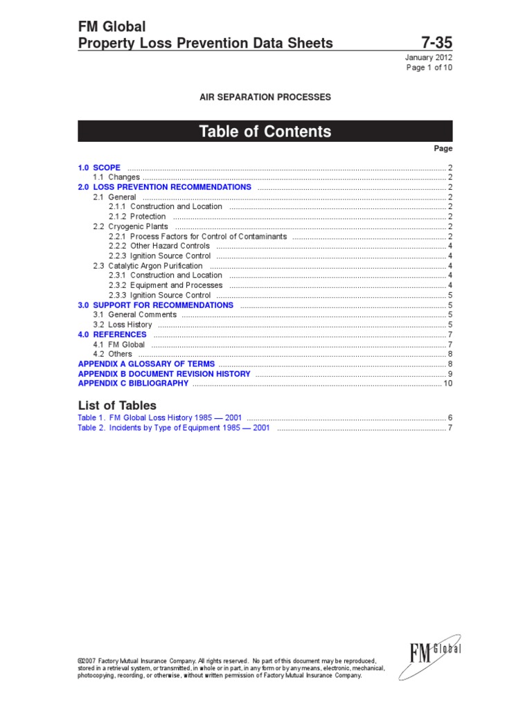 FM Global Property Loss Prevention Data Sheets: List of Tables | PDF