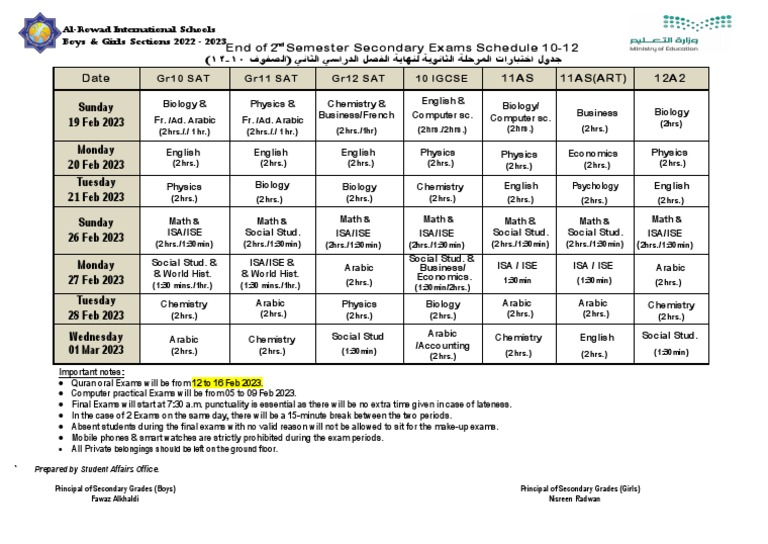 Secondary Exams Schedule 2022-2023 | PDF