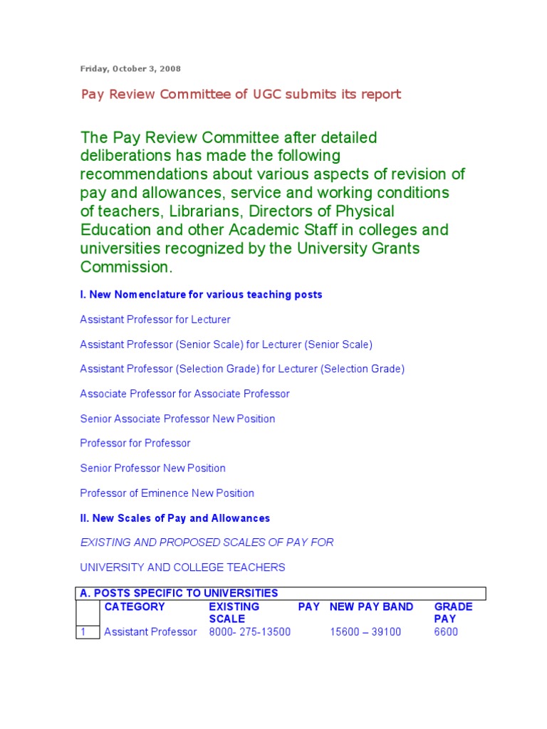 UGC 6th Pay Scale For Teachers | PDF | Lecturer | Pension