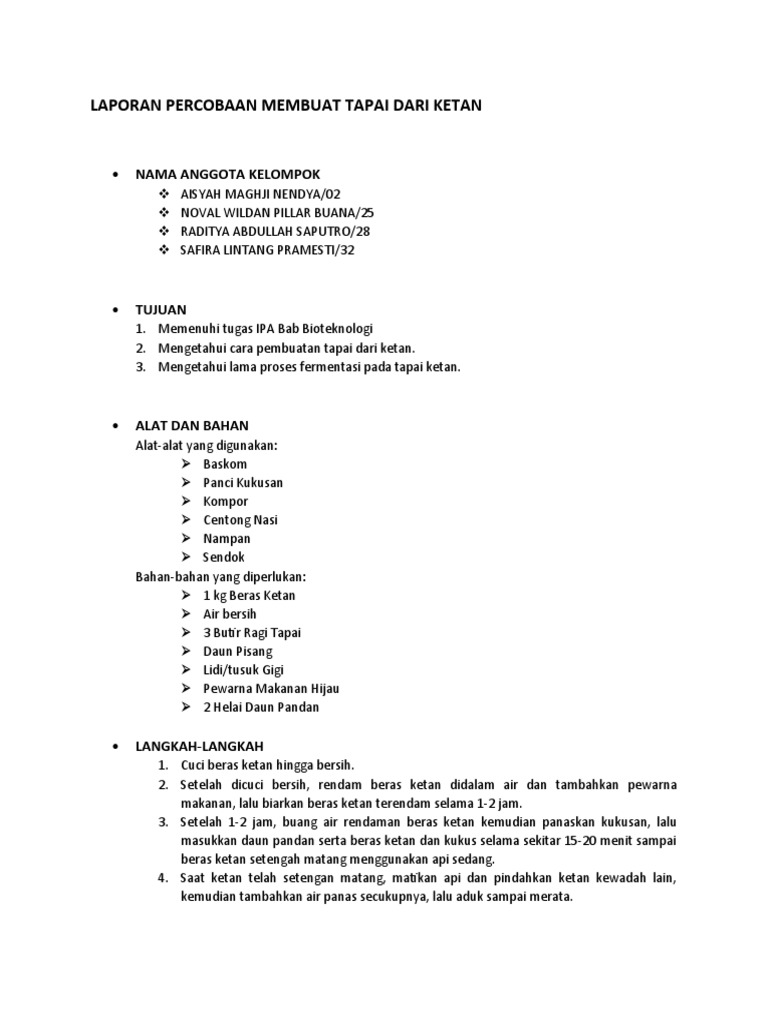 Laporan Percobaan Membuat Tapai Dari Ketan | PDF