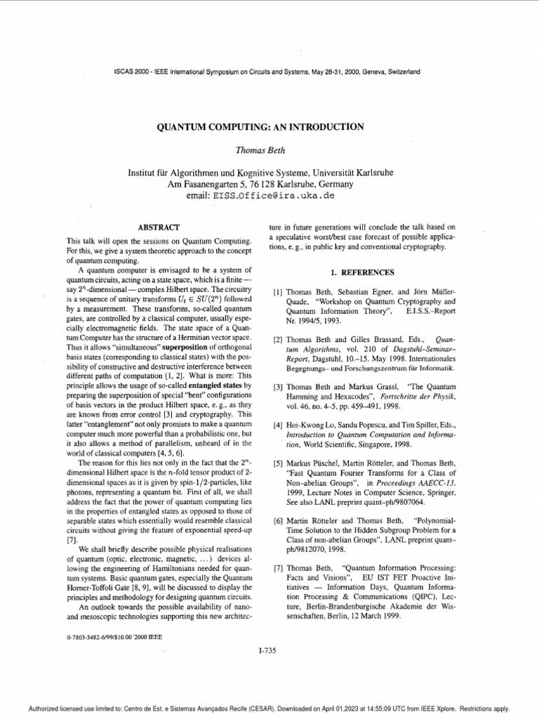 Quantum Computing: An Introduction: Thomas Beth | PDF | Quantum Computing | Quantum Entanglement