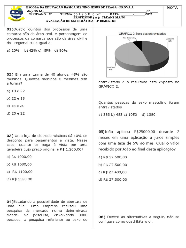 Prova de Matemática do 8o Ano do Colégio Menino Jesus de Praga com 7 ...