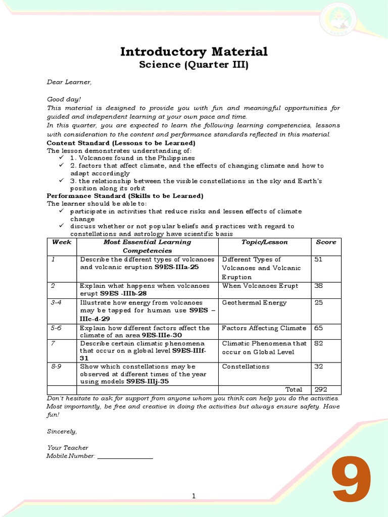 Introductory Material: Science (Quarter III) | PDF | Learning | Volcano
