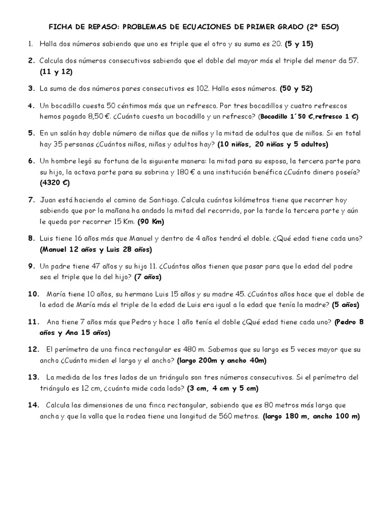 Ficha de Repaso Problemas Ecuaciones Primer Grado 2º Eso | PDF