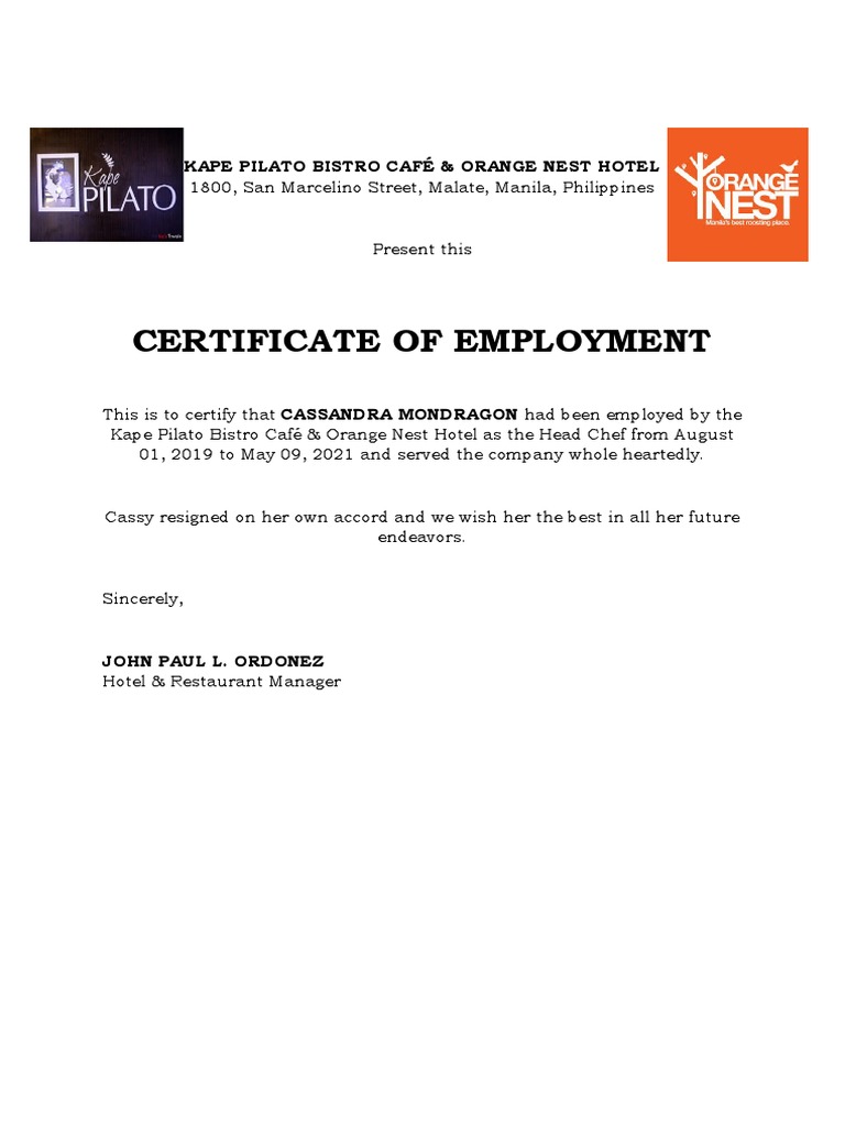 A Certificate of Employment for Cassandra Mondragon as Head Chef at ...