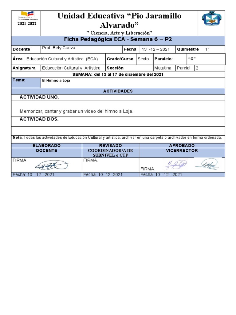 Unidad Educativa "Pio Jaramillo Alvarado": Ficha Pedagógica ECA - Semana 6 - P2 | PDF