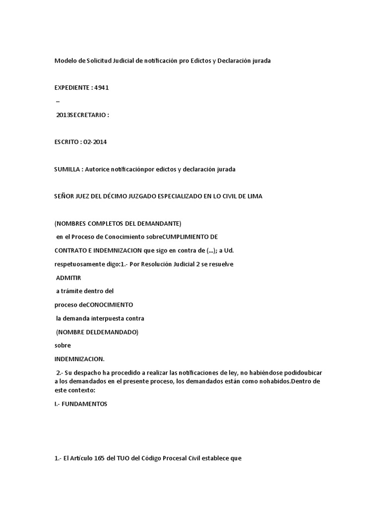 Modelo de Solicitud Judicial de Notificación Pro Edictos y Declaración ...