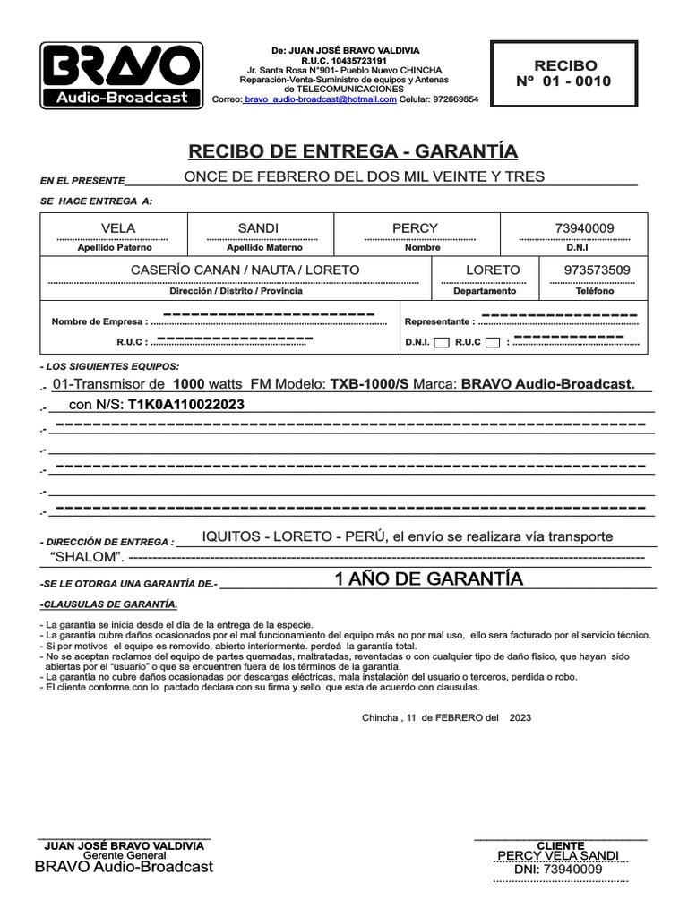 Recibo de Entrega #001-0010 | PDF | Telecomunicaciones | Industrias de ...