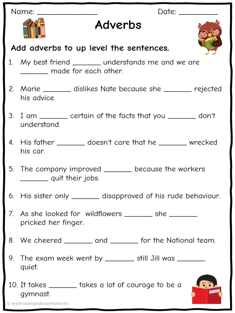 Adverbs Worksheet 7 Add An Adverb | PDF