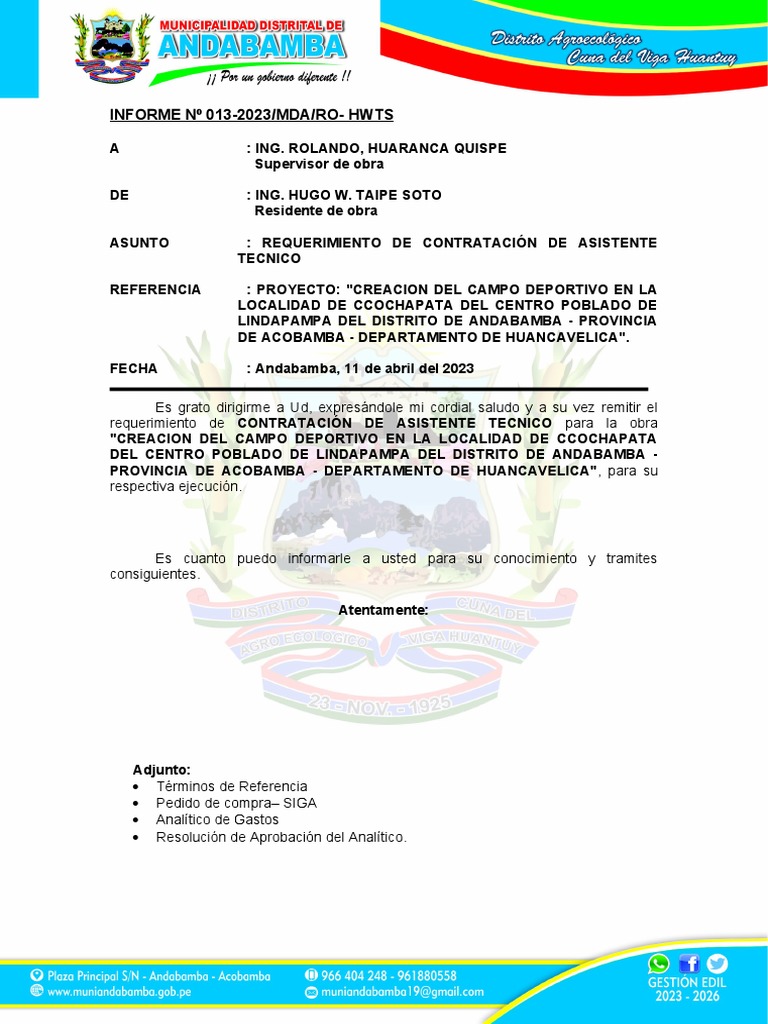Informe N 013 Requerimiento de Contratación de Asistente Tecnico | PDF