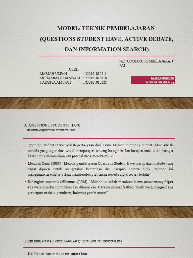 Model/ Teknik Pembelajaran (Questions Student Have, Active Debate, Dan Information Search) | PDF