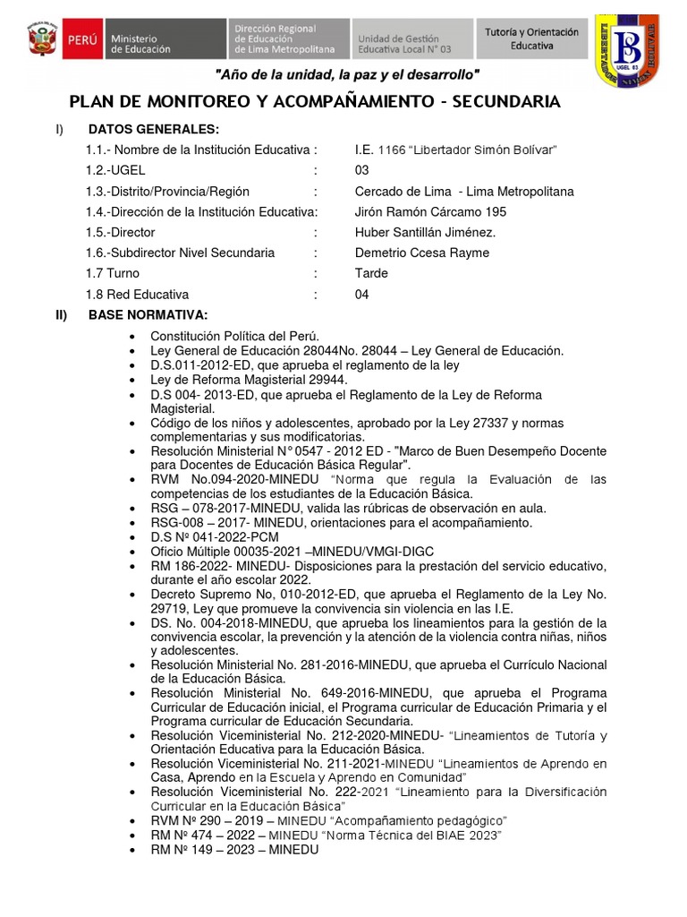 Plan de Monitoreo y Acompañamiento Pedagogico Secundaria LSB-23 ...