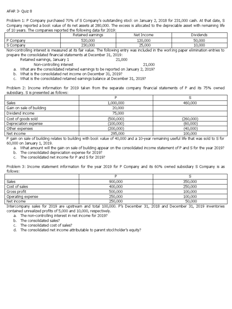 AFAR 3 - Quiz On Intercompany Transactions | PDF | Net Income | Income