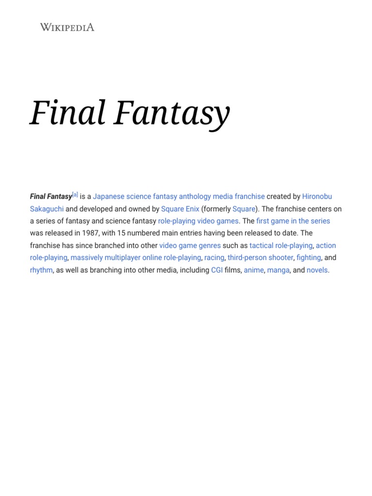 Final Fantasy - Wikipedia | PDF | Final Fantasy | Gaming
