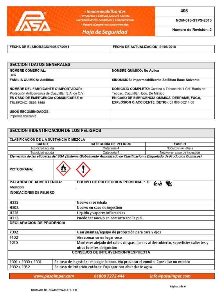 Hoja de Seguridad UL 405 Impermeabilizante | PDF | Agua | Toxicidad