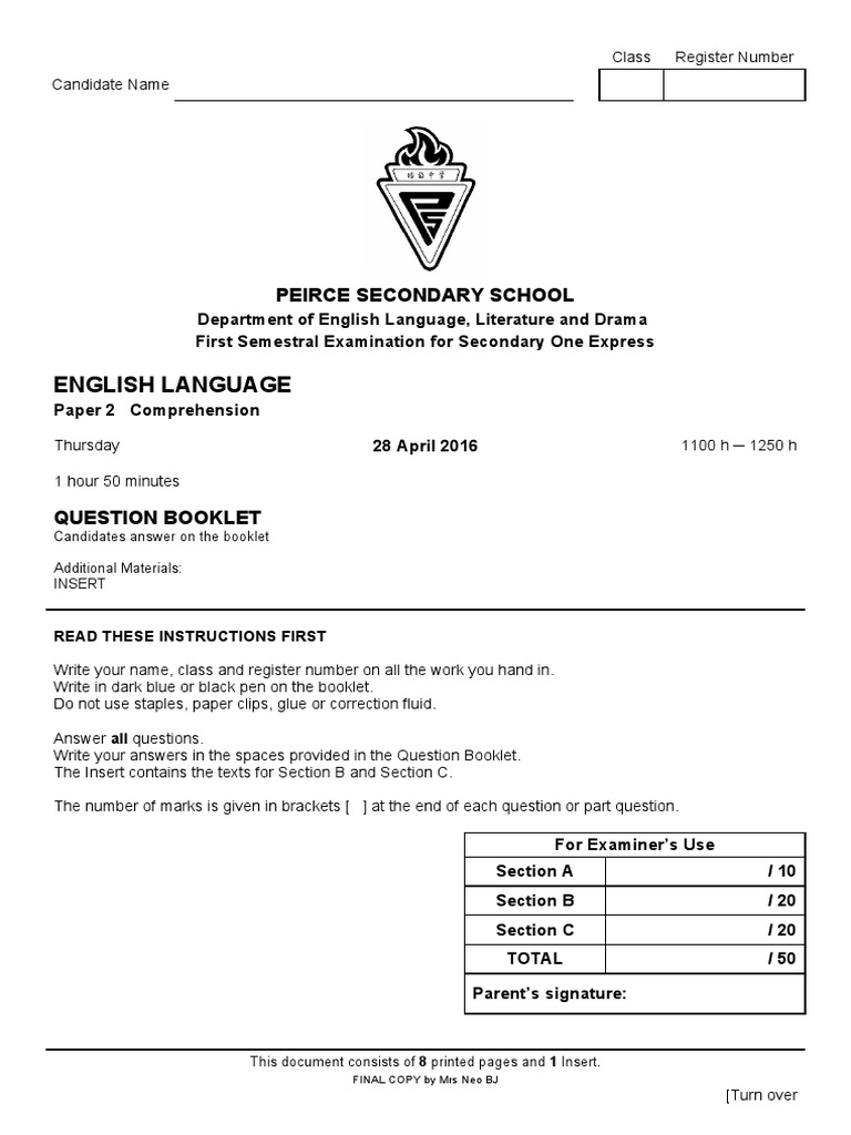 PSS 2016 SA1 EL 1E P2 Comprehension QuestionBooklet | PDF | Linguistics ...
