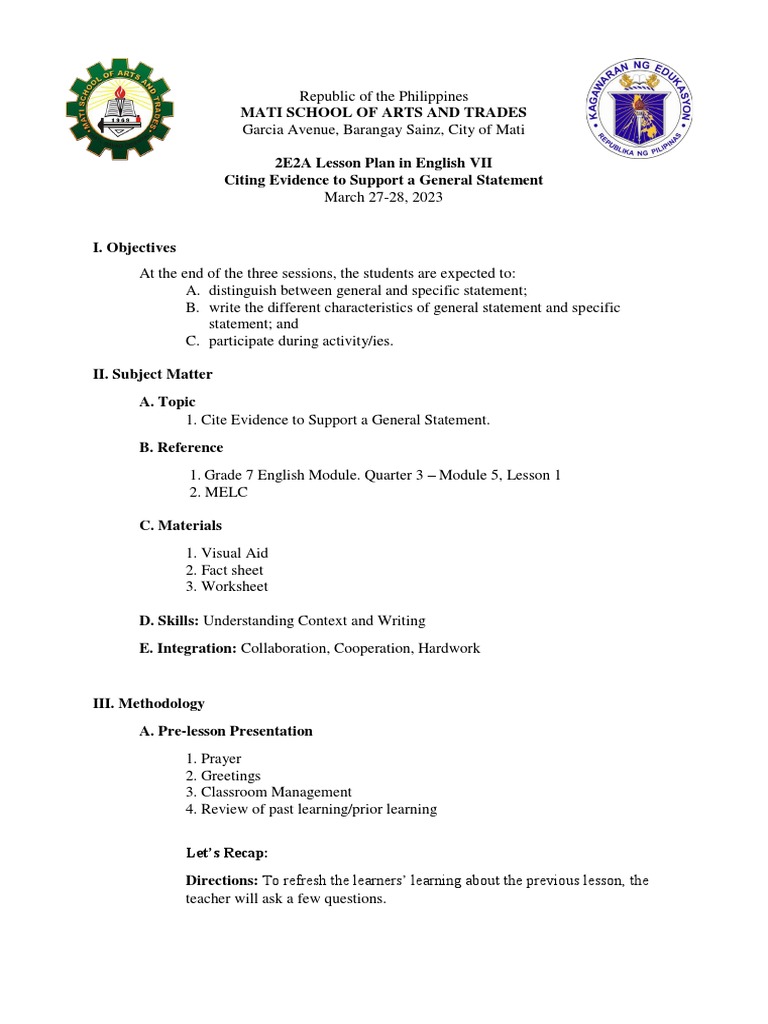 General Specific Statement | PDF | Lesson Plan | Learning