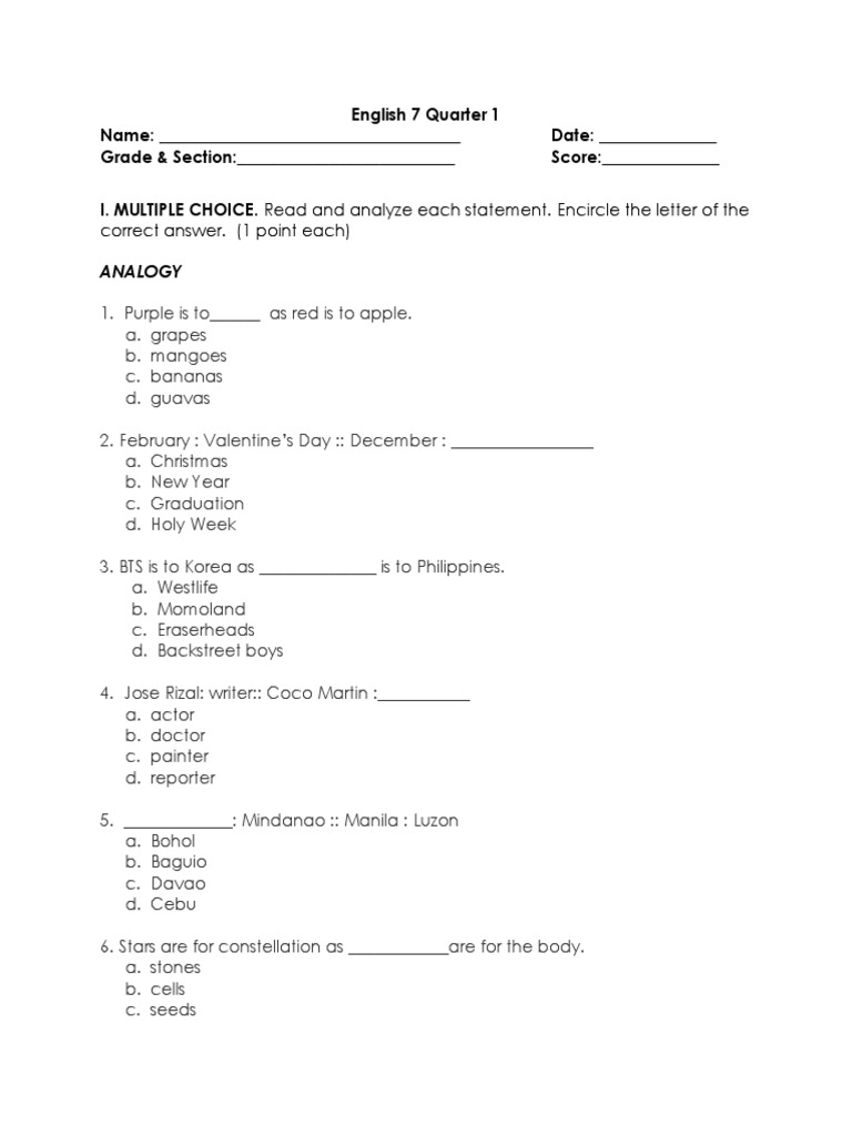Summative-Test-for-Grade-7 Notes | PDF | Sentence (Linguistics) | Grammar