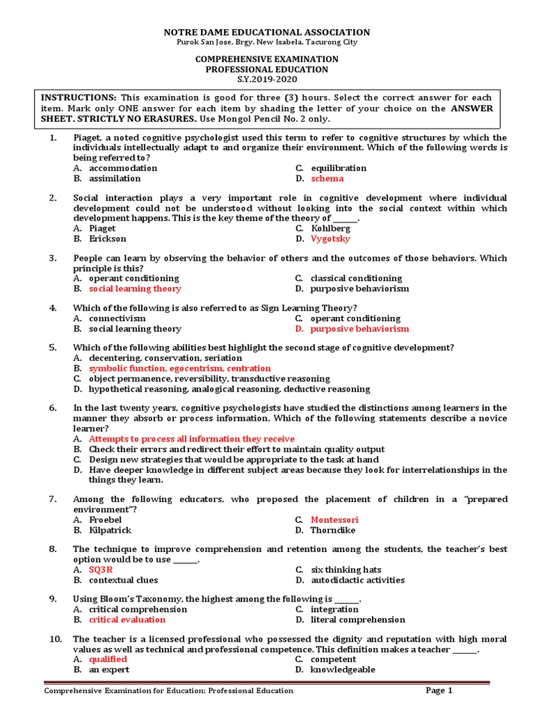 Notre Dame Educational Association Comprehensive Exam Review | PDF ...