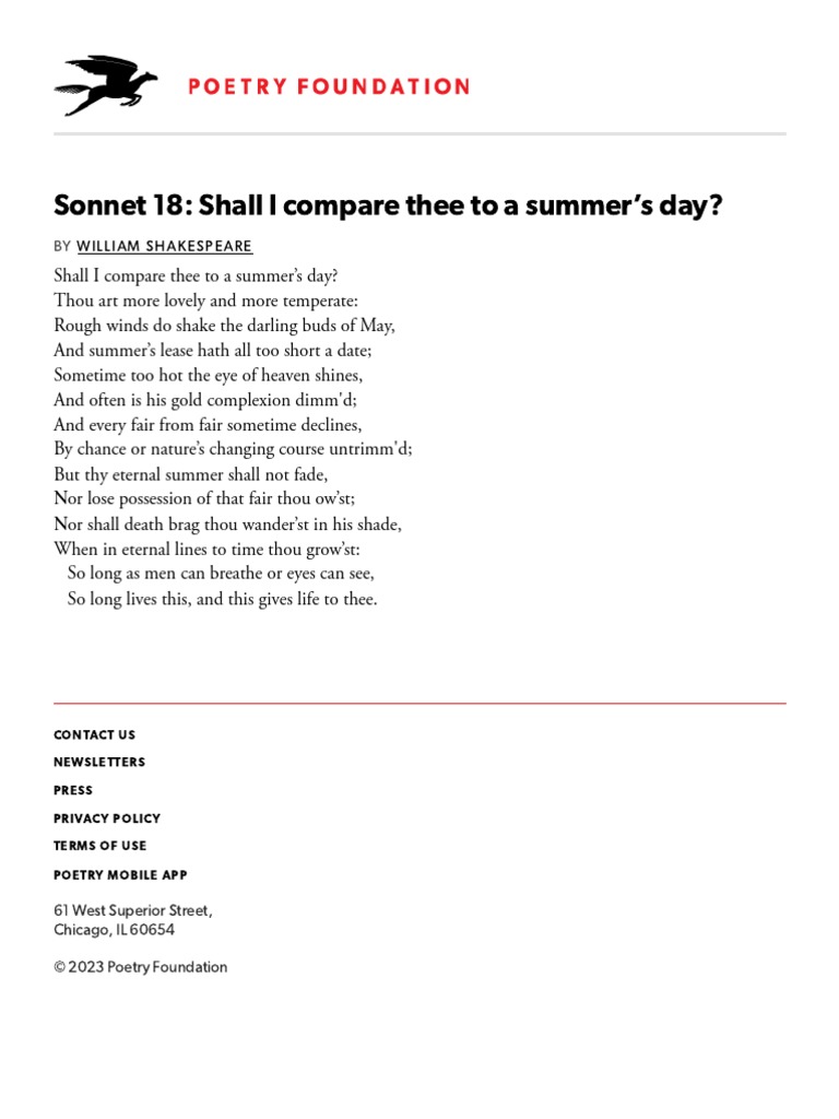 2) Sonnet 18 - Shall I Compare Thee To A Summer's - Poetry Foundation | PDF