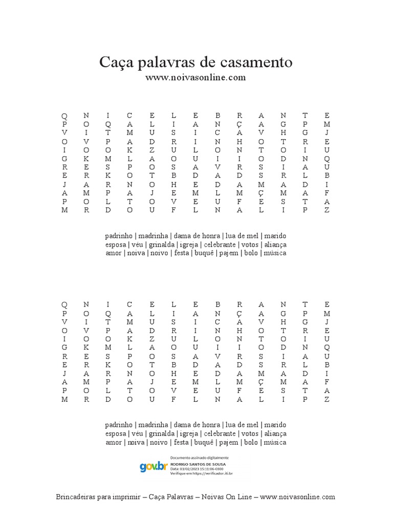brincadeira-caca-palavras_%281%29_assinado | PDF | Casamento ...