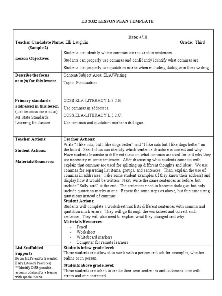 Third Grade ELA Lesson Plan: Punctuation & Vocabulary | PDF