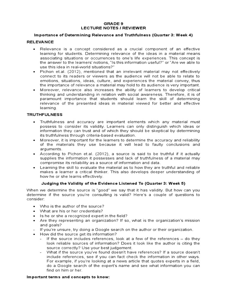 REVIEWER-NOTES-English Grade 9 Quarter 3 | PDF | Expert | Credibility