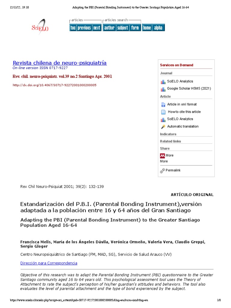 Adapting The PBI (Parental Bonding Instrument) To The Greater Santiago ...