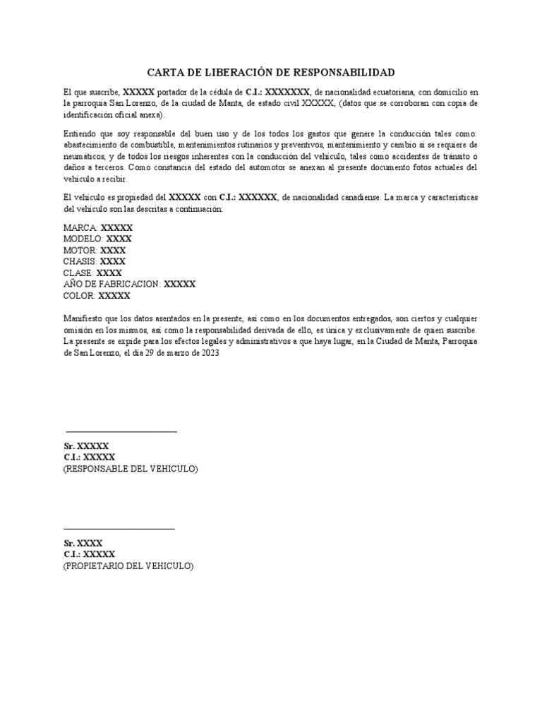 Modelo Carta de Liberación de Responsabilidad | PDF