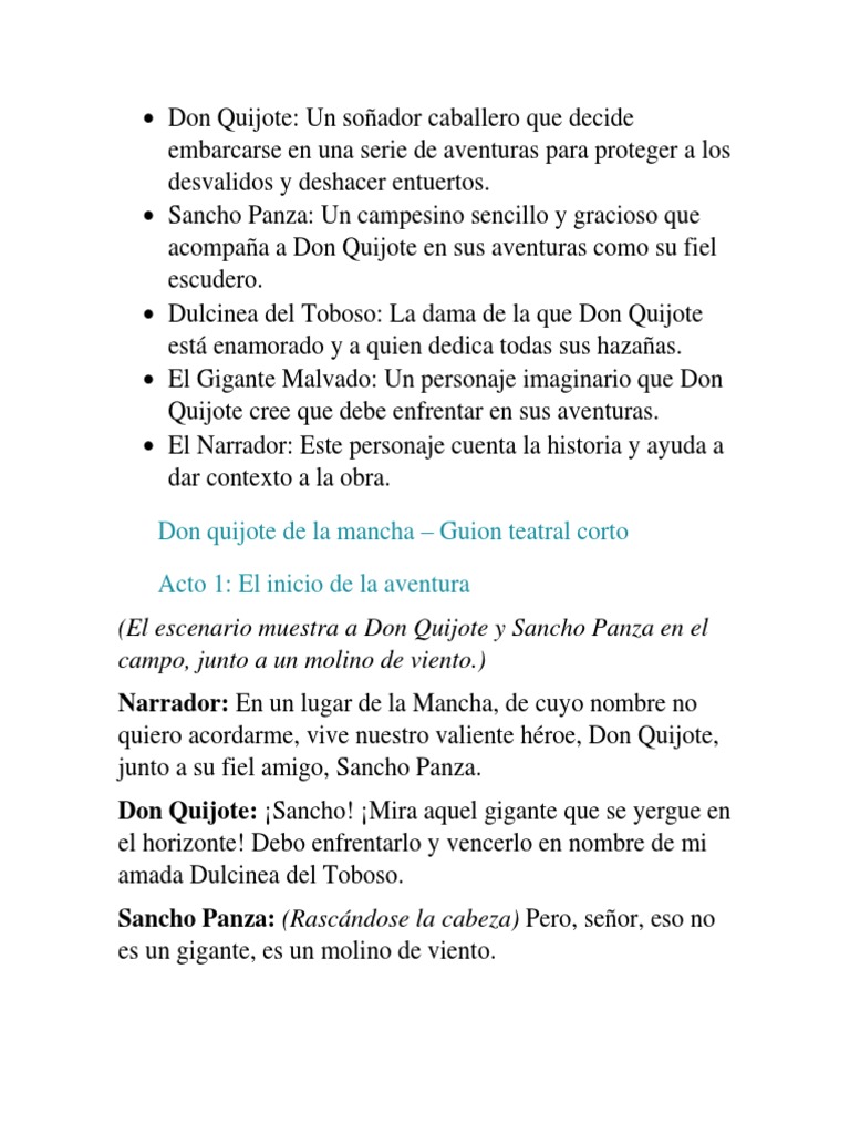 Don Quijote de La Mancha - Guion Teatral Corto Acto 1: El Inicio de La Aventura | PDF | Don Quijote