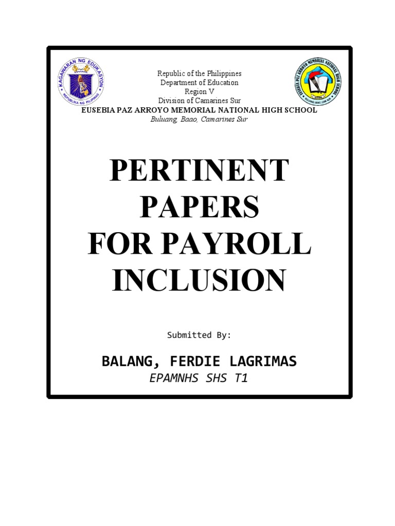 Payroll Inclusion Request for Ferdie Lagrimas Balang of Eusebia Paz ...